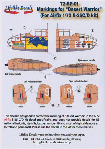 Lifelike Decals 72-SP-01 ' Desert Warrior' correction markings for North American B-25 C/D Mitchell (designed to be used with Airfix kits)