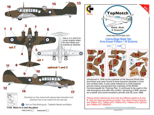 TopNotch 48-M073 Avro Anson Mk.I - Pattern B Scheme 1 camouflage pattern paint masks (for Airfix and Special Hobby kits)