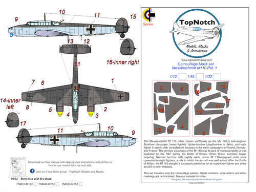 TopNotch 32-M153 Messerschmitt Bf-110 C/D/E/F/G - camouflage pattern paint masks - Pattern 1 (for Dragon and Revell kits)