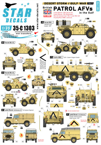 Star-Decals 35-C1303 Desert Storm 3. British Patrol AFVs in the Gulf 1990-91. Ferret, Fuchs NBC and Land Rover.