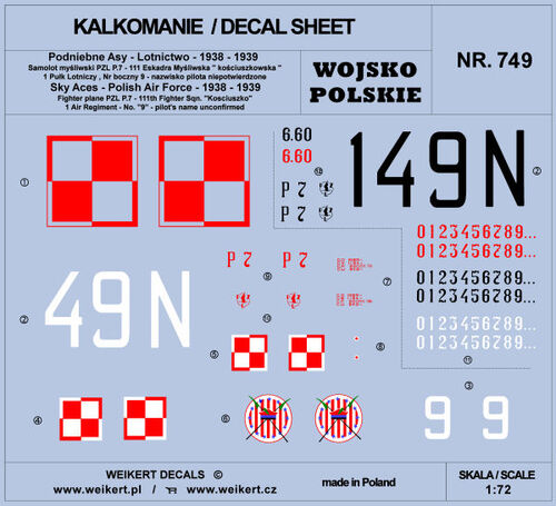 Weikert Decals DEC749 Podniebne Asy - PZL P.7 - 111 Polska Eskadra Myśliwska "Kościuszkowska" Volume 9