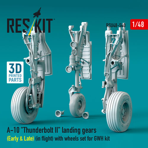 RES/KIT U48-0540 A-10 'Thunderbolt II' Landing Gears (Early & Late) (In Flight) With Wheels Set For GWH Kit (3D Printed)