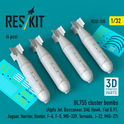 RES/KIT 32-0535 BL755 Cluster Bombs (4pcs) (Alpfa Jet, Buccaneer, BAE Hawk, Fiat G.91, Jaguar, Harrier, Hunter, F-4, F-5, MB-339, Tornado, J-22, MiG-27) (3D Printed)
