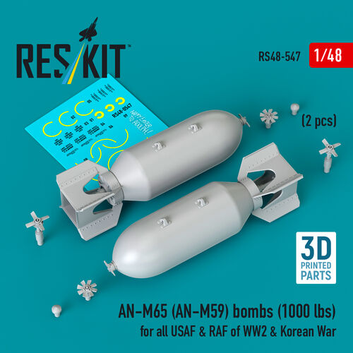 RES/KIT 48-0547 AN-M65 (AN-M59) Bombs (1000 lbs) For All USAF & RAF Of WW2 & Korean War (2pcs) (3D Printed)