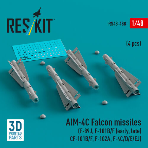RES/KIT 48-0488 AIM-4C Falcon Missiles (F-89J, F-101B/F (Early, Late), CF-101B/F, F-102A, F-4C/D/E/EJ) (4 pcs) (3D Printed)