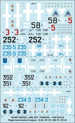 TAURO MODEL 48-525 G.50 / SM.79 / Cr.42 and Bf 110 - Regia Aeronautica Insignas and Code