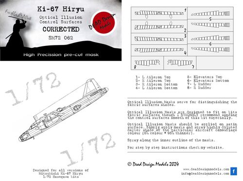 DEAD Design Models SM72062 Ki-67 Hiryu Optical Illusion Control Surfaces (Corrected) (For Hasegawa Kits)