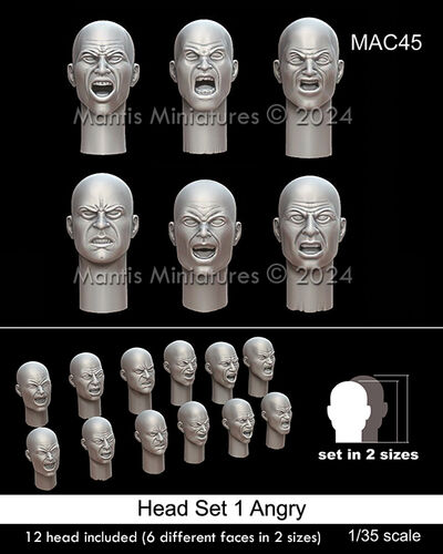 Mantis Miniatures MAC45 Head Set 1 Angry - 12 Heads Included (6 Different Faces In Two Sizes)
