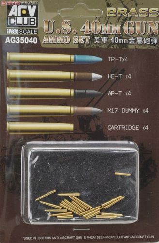AFV Club AG35040 Bofors 40mm Brass ammo set. Includes TP-T x 4, HE-T x 4, AP-T x 4, M17 dummy x 4 and Cartridge x 4