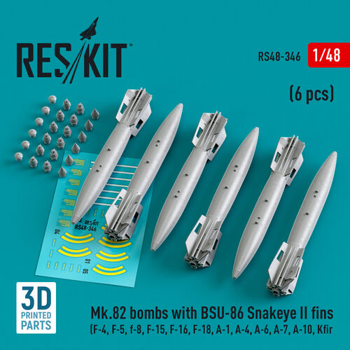 RES/KIT 48-0346 Mk.82 Bombs With BSU-86 Snakeye II Fins (6 pcs) (F-4, F-5, F-8, F-15, F-16, F-18, A-1, A-4, A-6, A-7, A-10, Kfir)