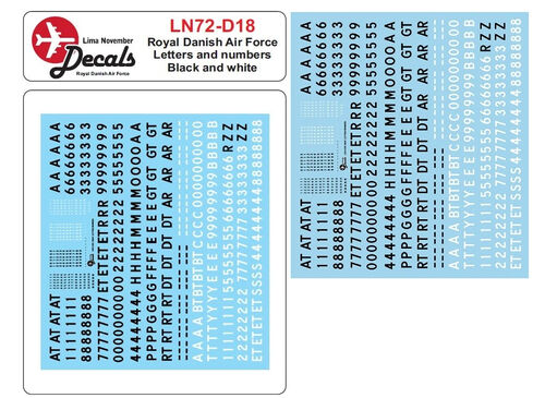 Lima November Decals 72-D18 Royal Danish Air Force - Black / White letters and numbers