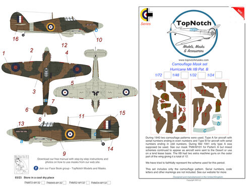 TopNotch 48-M132 Hawker Hurricane Mk.II B - Scheme B Camouflage pattern paint mask (for Revell kits)