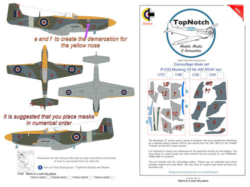 TopNotch 48-M085 North American P-51 D Mustang - Y2 No 442 RCAF Sqn camouflage pattern paint masks (for Airfix, Eduard and Tamiya kits)