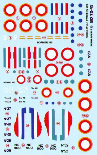 Berna Decals 72045 Dornier Do-335, Heinkel He-162 and Focke-Wulf Fw-190 A-5/8 in French colours (9 schemes)