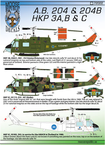 Moose Republic Decals 72022 Agusta-Bell AB-204B / Bell UH-1B Iroquois (HKP 3A/B/C) Decals