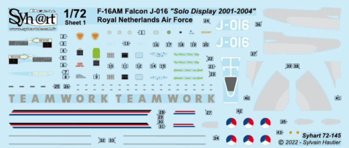 Syhart Decal 72-145 F-16AM Falcon J-016 "Solo Display 2001-2004" Royal Netherlands A.F