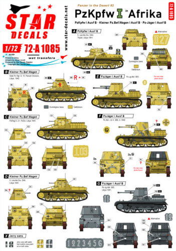 Star-Decals 72-A1085 Panzer in the Desert # 2. PzKpfw I Ausf B, Befehls-Pz I B and Pz-Jäger I B, in North Africa