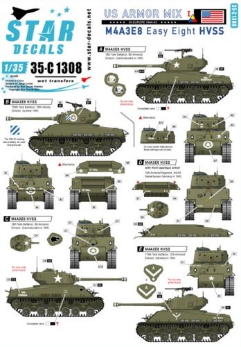 Star-Decals 35-C1308 US Armored Mix 1. M4A3E8 'Easy Eight' HVSS in Europe 1944-45.