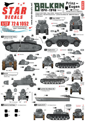 Star-Decals 72-A1052 Balkan WW2 # 2. 7. SS-Gebirgs Division Prinz-Eugen in Yugoslavia. Tanks, AFVs and boats.