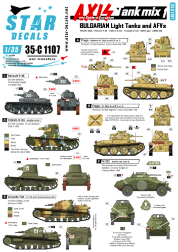 Star-Decals 35-C1107 Axis & East European Tank mix # 1. Bulgarian light tanks and AFVs.