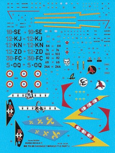 Berna Decals 72030M Dassault Mirage F1 C Part 2: 10-SE Creil 1982, 12-KJ & 12-KN Cambrai 1981, 12-ZD Cambrai 1979, 30-FC Reims 1976, 5-OQ Orange 1982 (6 schemes).