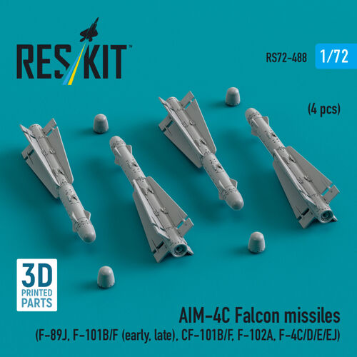 RES/KIT 72-0488 AIM-4C Falcon Missiles (F-89J, F-101B/F (Early, Late), CF-101B/F, F-102A, F-4C/D/E/EJ) (4 pcs) (3D Printed)