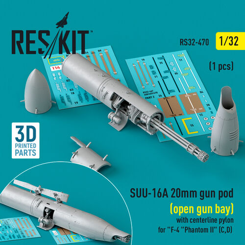 RES/KIT 32-0470 SUU-16A 20mm Gun Pod (Open Gun Bay) With Centerline Pylon For F-4 'Phantom II' (C, D) (1pc) (3D Printed)