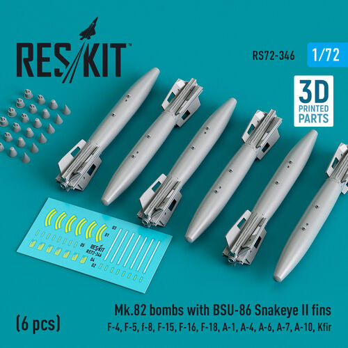 RES/KIT 72-0346 Mk.82 Bombs With BSU-86 Snakeye II Fins (6 pcs) (F-4, F-5, F-8, F-15, F-16, F-18, A-1, A-4, A-6, A-7, A-10, Kfir)