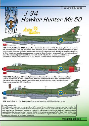 Moose Republic Decals 72026 J 34 Hawker Hunter (FGA.9 / Mk.58 / F.4 / F.6)