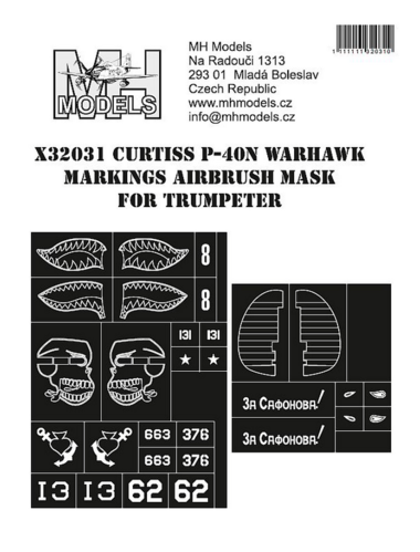MH Models X32031 Curtiss P-40N Warhawk Markings Airbrush mask