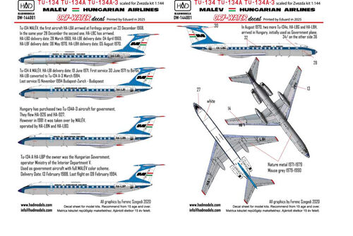 HAD Models 144001 Tupolev Tu-134 / Tu-134 A / Tu-134 A-3 - MALEV 1970-1980 years - Dry-Water Decal Sheet