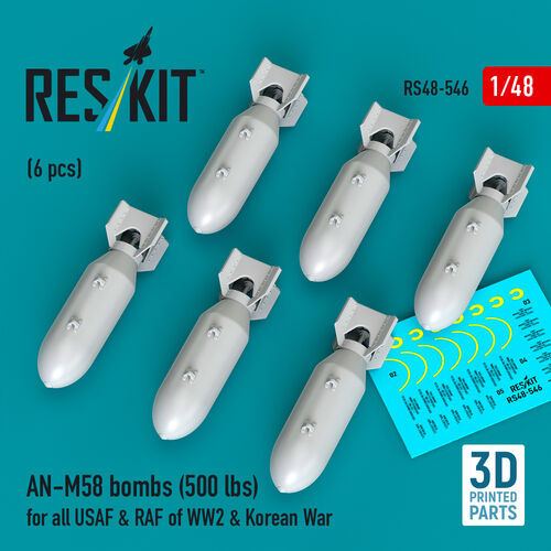 RES/KIT 48-0546 AN-M58 Bombs (500 lbs) For All USAF & RAF Of WW2 & Korean War (6pcs) (3D Printed)