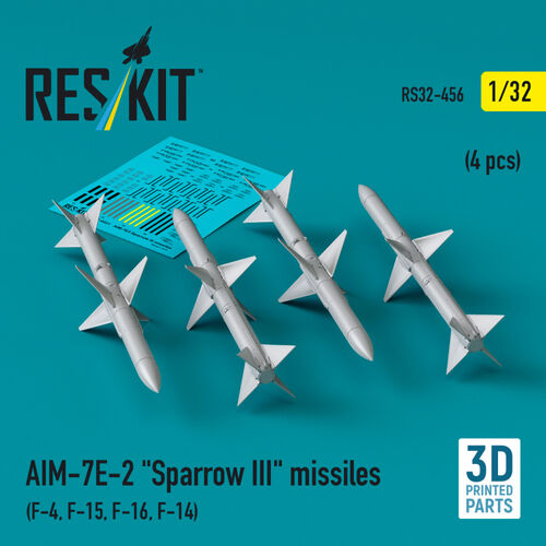 RES/KIT 32-0456 AIM-7E-2 'Sparrow III' Missiles (4 pcs) (F-4, F-15, F-16, F-14) (3D Printed)