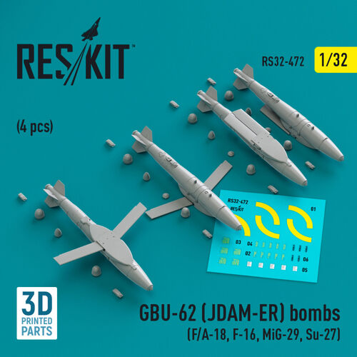 RES/KIT 32-0472 GBU-62 (JDAM-ER) Bombs (4 pcs) (F/A-18, F-16, MiG-29, Su-27) (3D Printed)