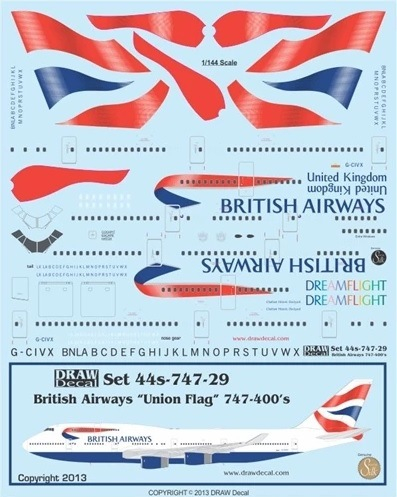 Draw Decal 44-747-29 Boeing 747-400 - British Airways "Union Flag"