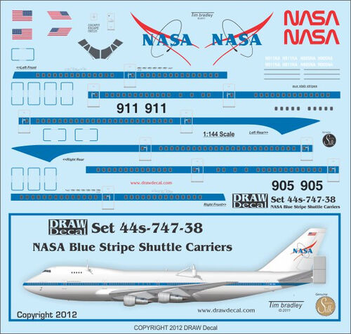 Draw Decal 44-747-38 Boeing 747-100 - NASA Shuttle Carrier (Blue Stripe Scheme)