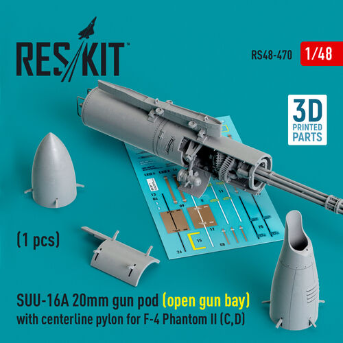 RES/KIT 48-0470 SUU-16A 20mm Gun Pod (Open Gun Bay) With Centerline Pylon For F-4 'Phantom II' (C, D) (1pc) (3D Printed)