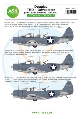 Art Scale Kit D32083 Douglas TBD-1 Devastator Decals Part 1 - Battle of Midway 4th June 1942