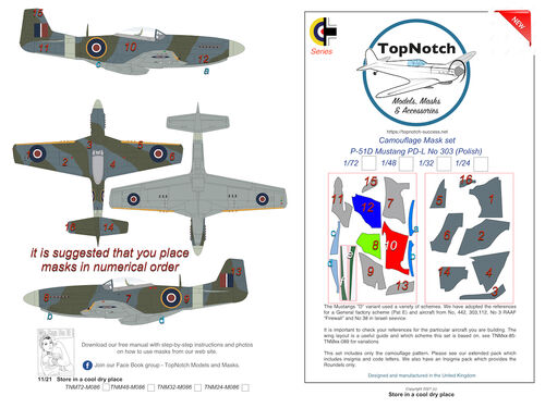 TopNotch 72-M086 North American P-51 D Mustang - PD-L No 303 (Polish) Sqn - camouflage pattern paint masks (for Airfix, Hasegawa, Heller, Italeri, Revell and Tamiya kits)