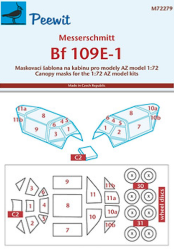 Peewit 72279 Canopy mask for Messerschmitt Bf 109E-1 AZ model