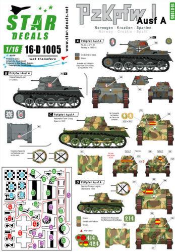 Star-Decals 16-D1005 PzKpfw I Ausf A Pz.Abt z.b.V. 40 in Norway, Croatia / Ustashi, and Spanish Civil War.