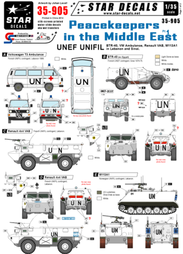 Star-Decals 35-905 Peacekeepers in the Middle East. BTR-40, VW T3 bus, VAB, M113A1