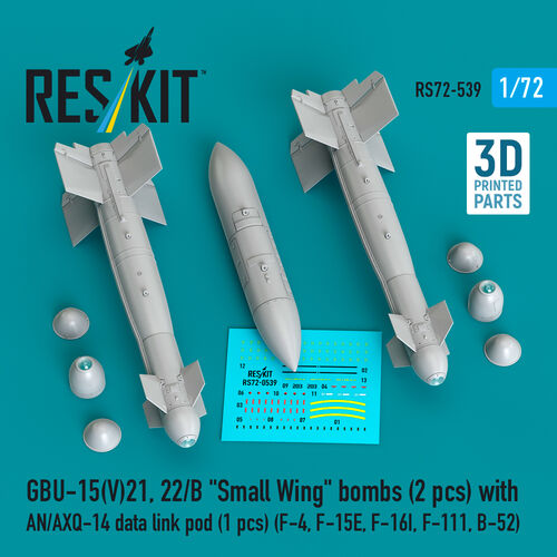 RES/KIT 72-0539 GBU-15(V)21, 22/B 'Small Wing' Bombs (2pcs) With AN/AXQ-14 Data Link Pod (1pc) (F-4, F-15E, F-16I, F-111, B-52) (3D Printed)