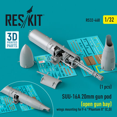 RES/KIT 32-0468 SUU-16A 20mm Gun Pod (Open Gun Bay) Wings Mounting For F-4 'Phantom II' (C, D) (1pc) (3D Printed)