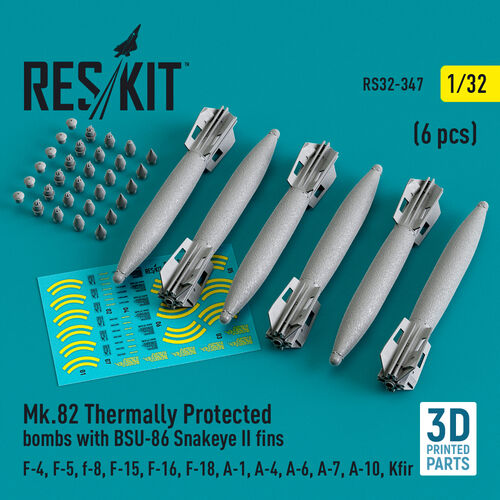 RES/KIT 32-0347 Mk.82 Thermally Protected Bombs With BSU-86 Snakeye II Fins (6 pcs) (F-4, F-5, F-8, F-15, F-16, F-18, A-1, A-4, A-6, A-7, A-10, Kfir)