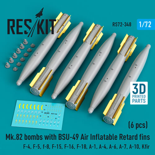 DISCONTINUED RES/KIT 72-0348 Mk.82 Bombs With BSU-49 Air Inflatable Retard Fins (6 pcs) (F-4, F-5, F-8, F-15, F-16, F-18, A-1, A-4, A-6, A-7, A-10, Kfir)