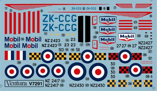 Ventura 7291 RNZAF North American P-51D Mustangs: Wellington Canterbury and Otago Squadrons and civilian 'Mobil' Mustang (6 schemes)