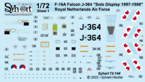Syhart Decal 72-144 F-16A Falcon J-364 "Solo Display 1997-1998" Royal Netherlands A.F