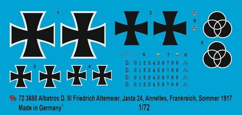 Peddinghaus-Decals 3688 Albatros D.III Friedrich Altemeier, Jasta 24, Annelles, France, Summer 1917