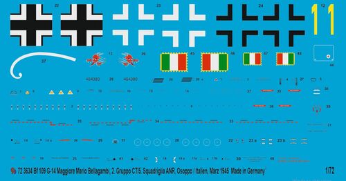 Peddinghaus-Decals 3634 Bf 109 G-14 Maggiore Mario Bellagambi, 2. Gruppo CT/5. Squadriglia ANR, Osoppo/Italy, March 1945